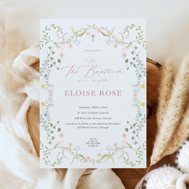 Wildflower Floral Baptism Invitation Template for Girls (digital ...
