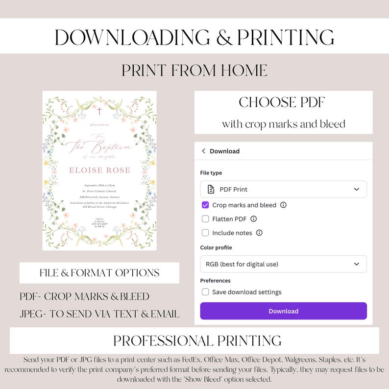 Wildflower Floral Baptism Invitation Template for Girls (digital ...