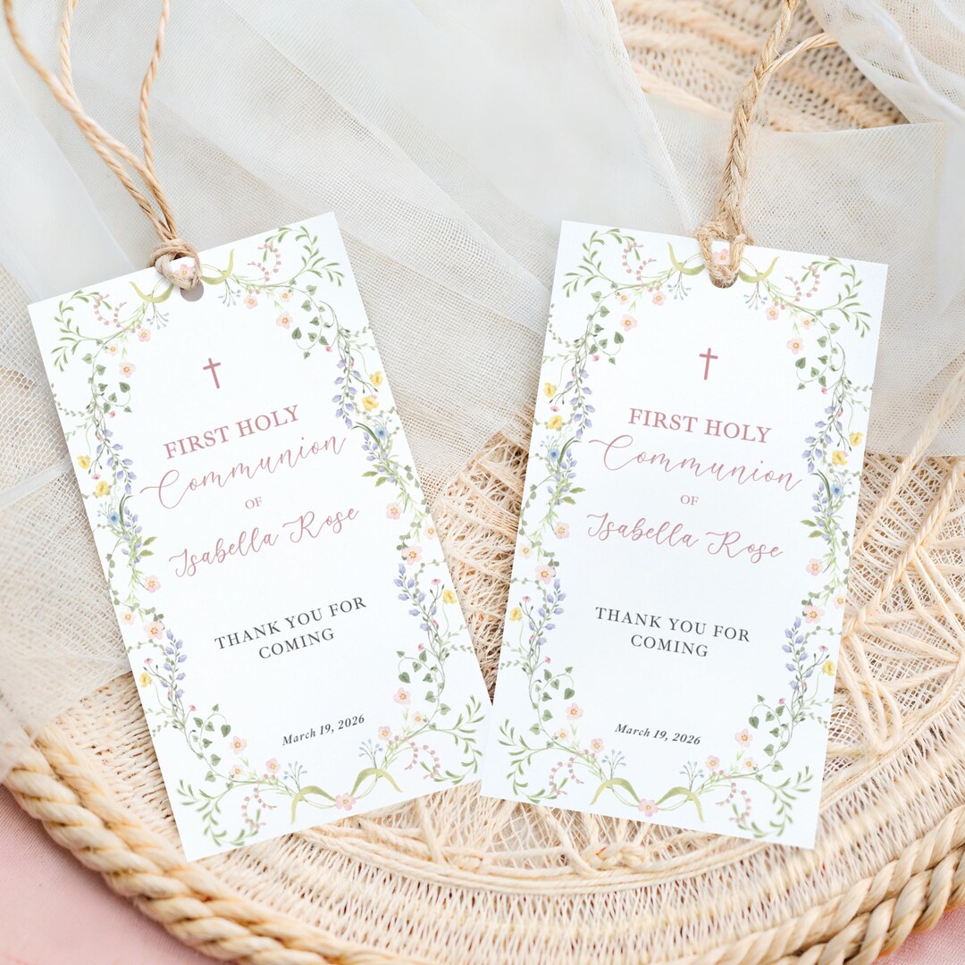 First Communion Thank You Tag, Printable Floral Holy Communion Favor ...