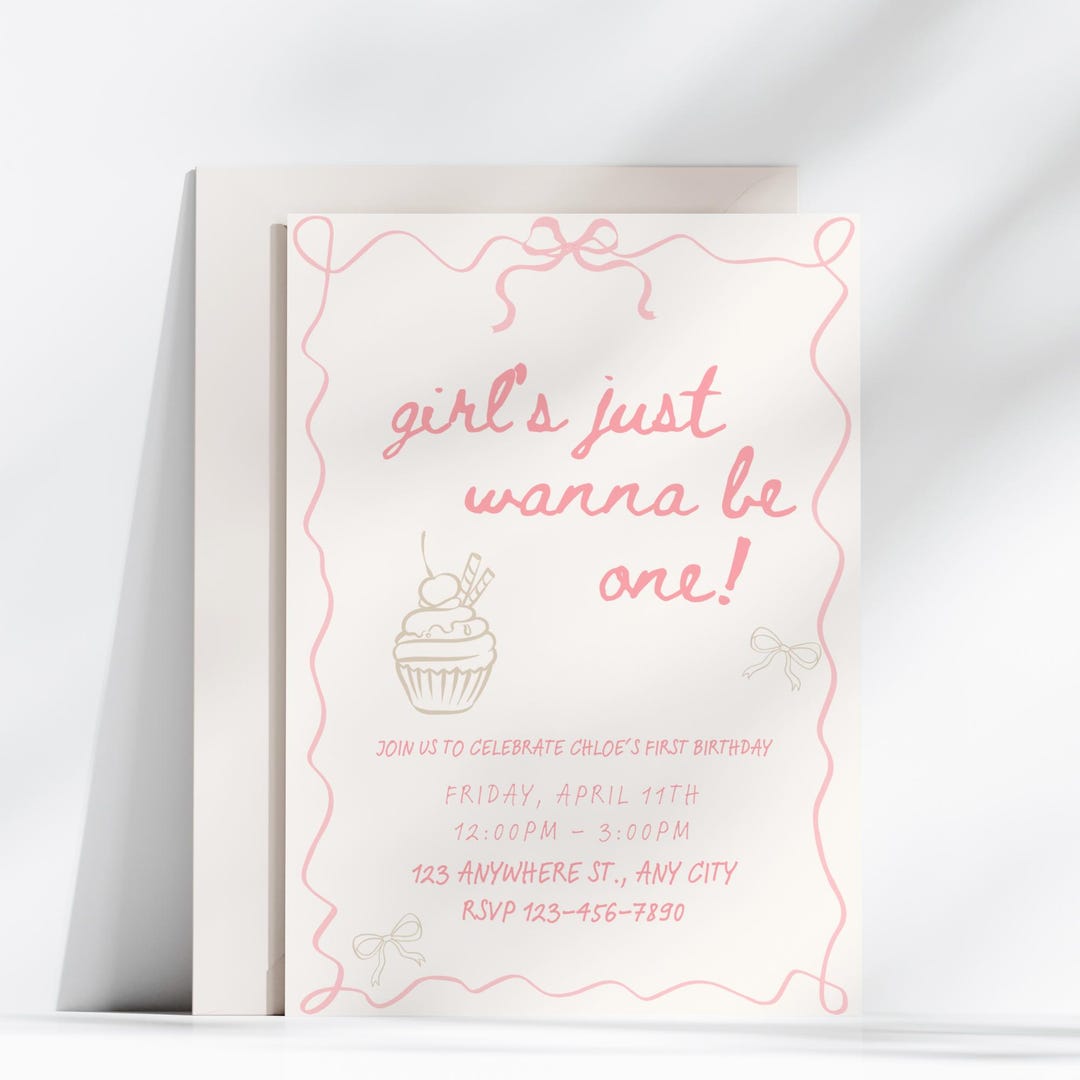 Girls Just Wanna Be One Invitation First Birthday Invite Pink Hand ...
