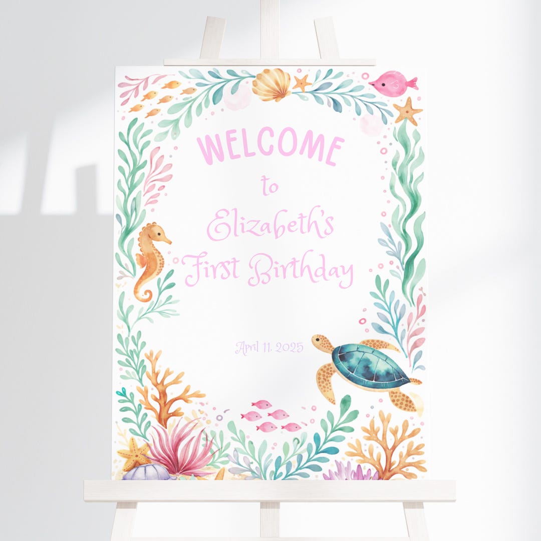 Pink Under the Sea Birthday Welcome Sign, Girls Birthday Ocean Animals ...