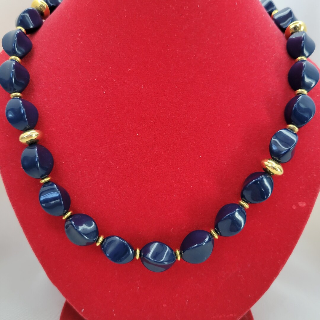 Napier Bead Necklace Navy Blue Necklace Vintage Wavy Beaded Necklace - Etsy
