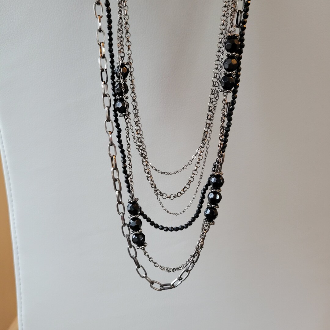 Vintage Multi Strand Necklace Black Beaded Chain Necklace 30 Inch ...