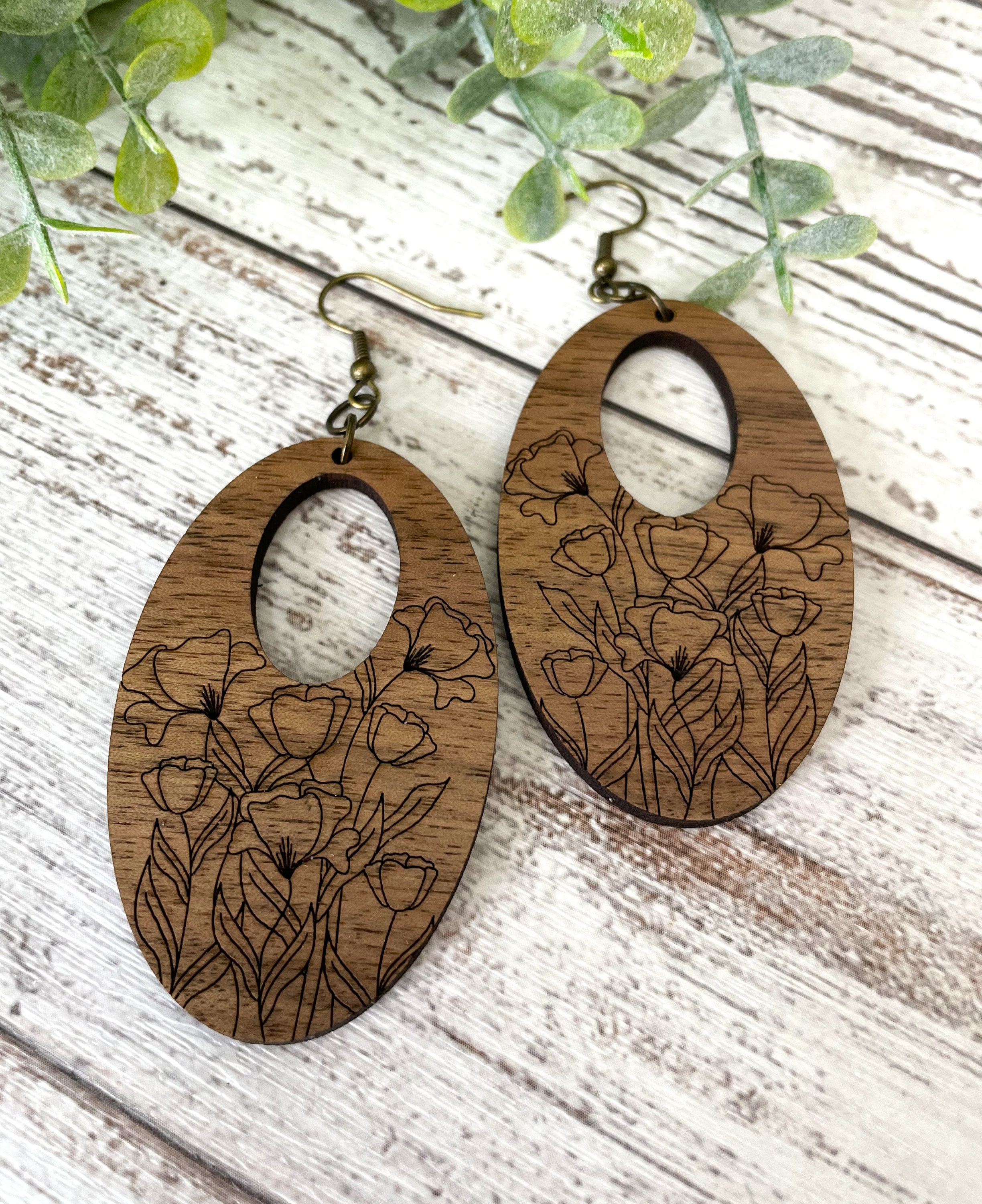 Floral Wood Earrings SVG Hand Drawn Floral Wood Earring Set - Etsy