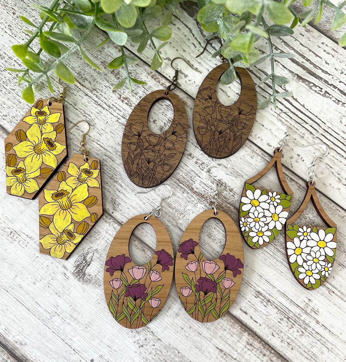 Floral Wood Earrings SVG Hand Drawn Floral Wood Earring Set - Etsy