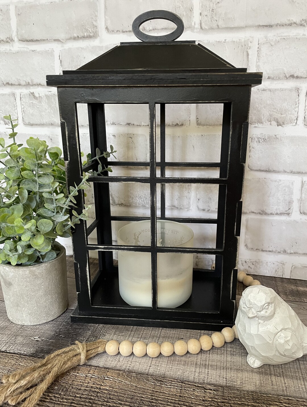 Window Pane Farmhouse Lantern, Rustic Farmhouse Lantern, Faux Candle ...