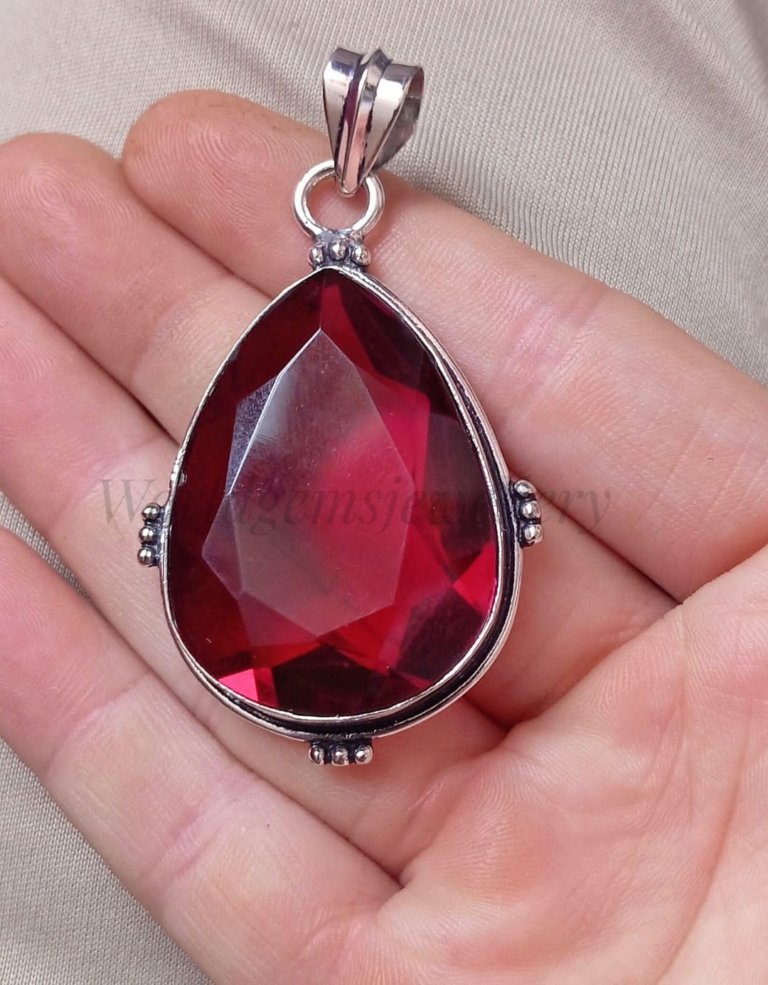 925 Sterling Silver Pendant Red Ruby Gemstone Pear Cut Shape Pendant ...