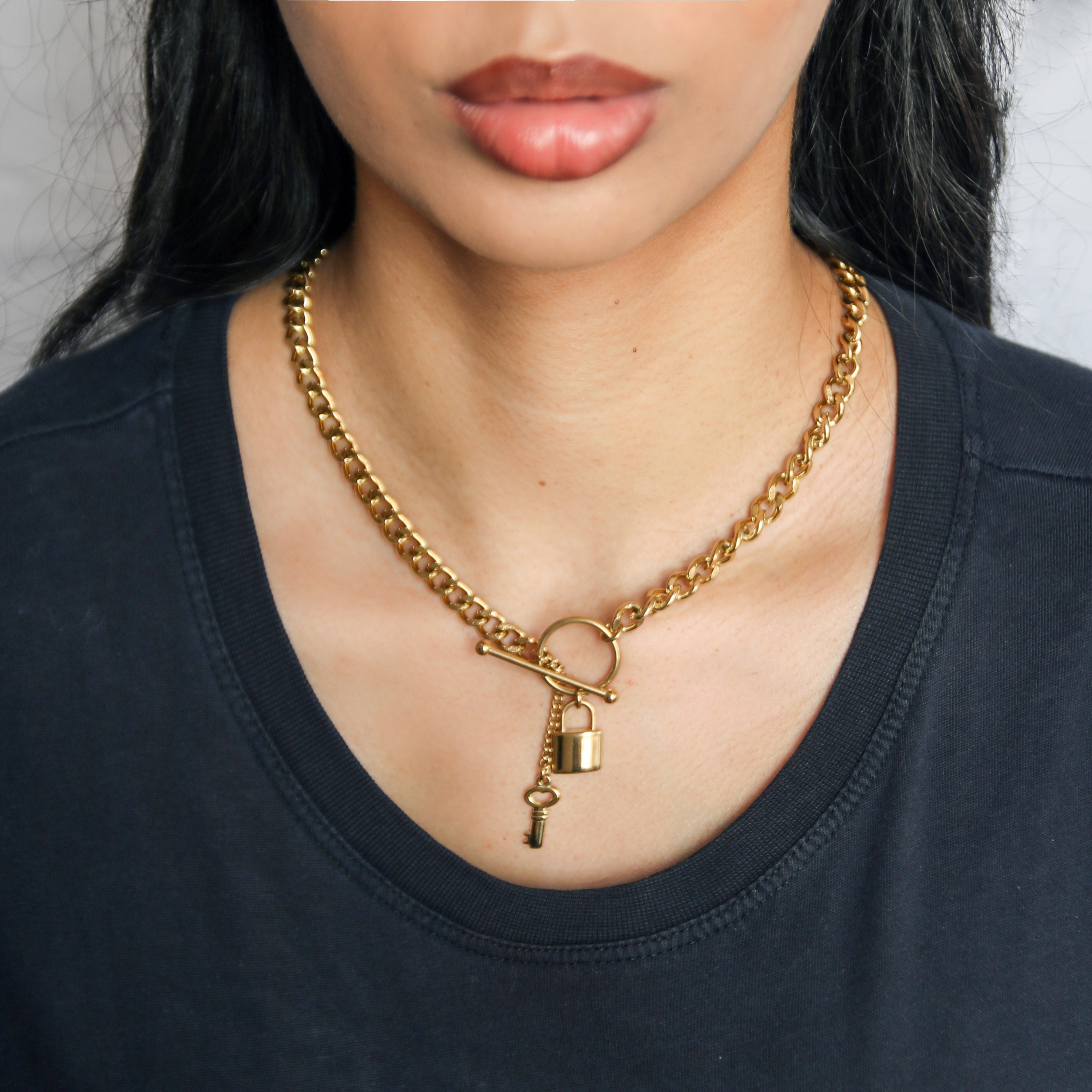 Lock and key 18k gold plated stainless steel chain necklace | Etsy