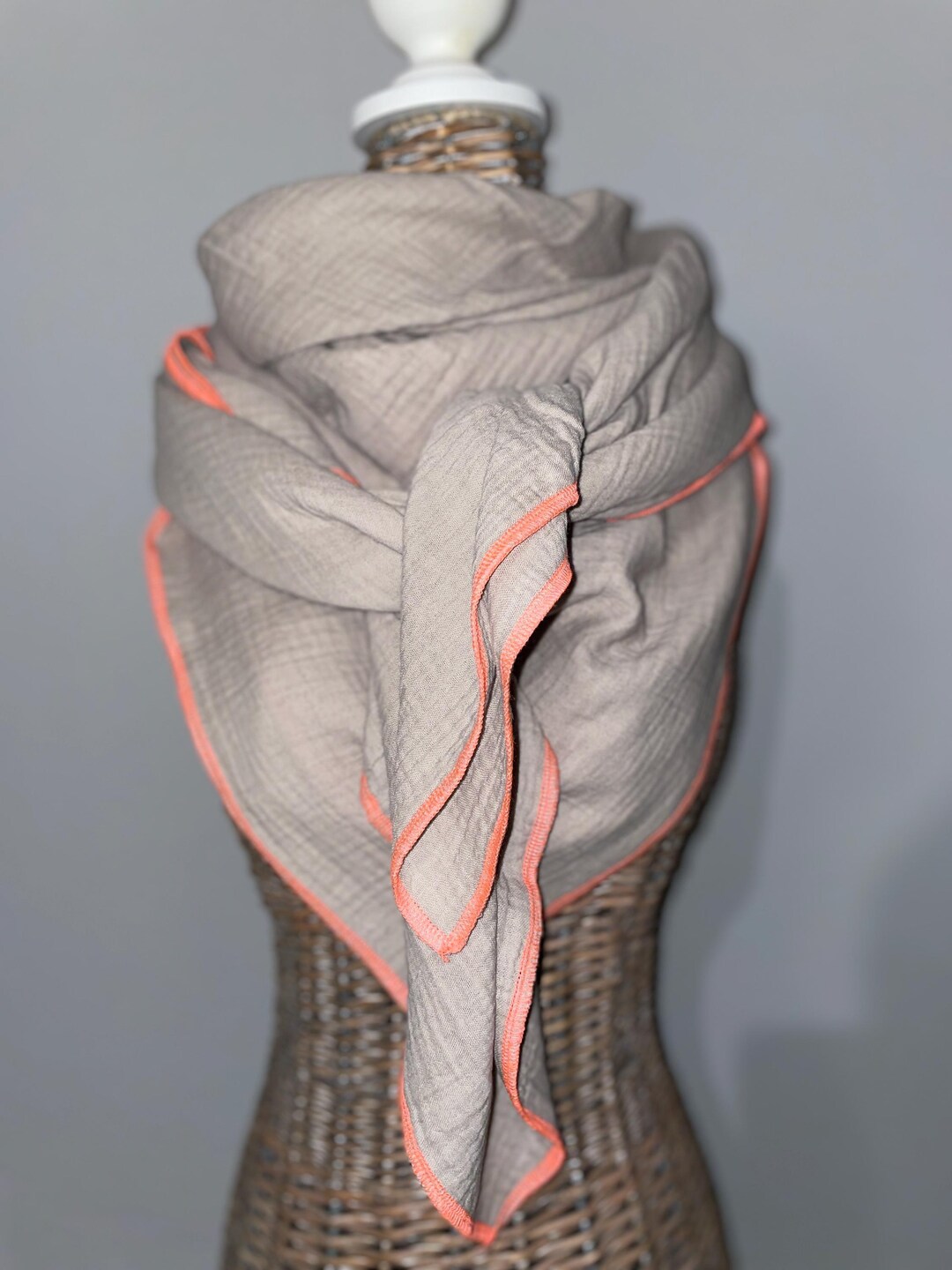 XXL Muslin Scarf, Solid Taupe Light With Neon Orange Wide Seam, 135 X ...
