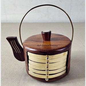 Rosewood Coaster Set: Teapot Shaped With Brass Inlay (6 Piece) - Etsy