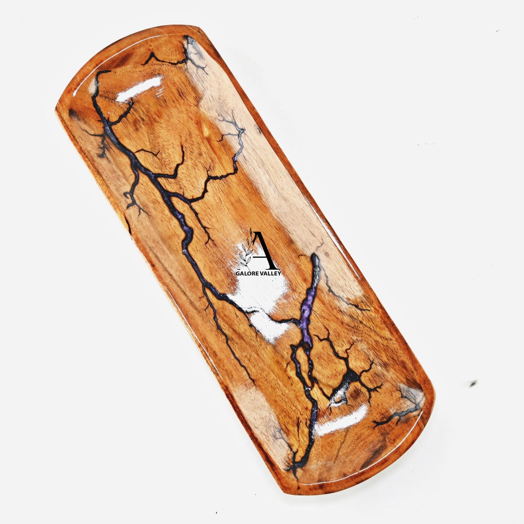 Hand Carved Mango Wood Tray: Fractal Burned Resin Inlay - Etsy