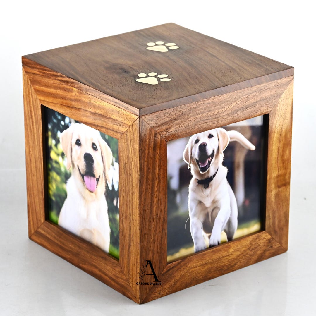 Pet Memorial Wooden Urn: 4 Photo Slots, Paw Brass Inlay - Etsy