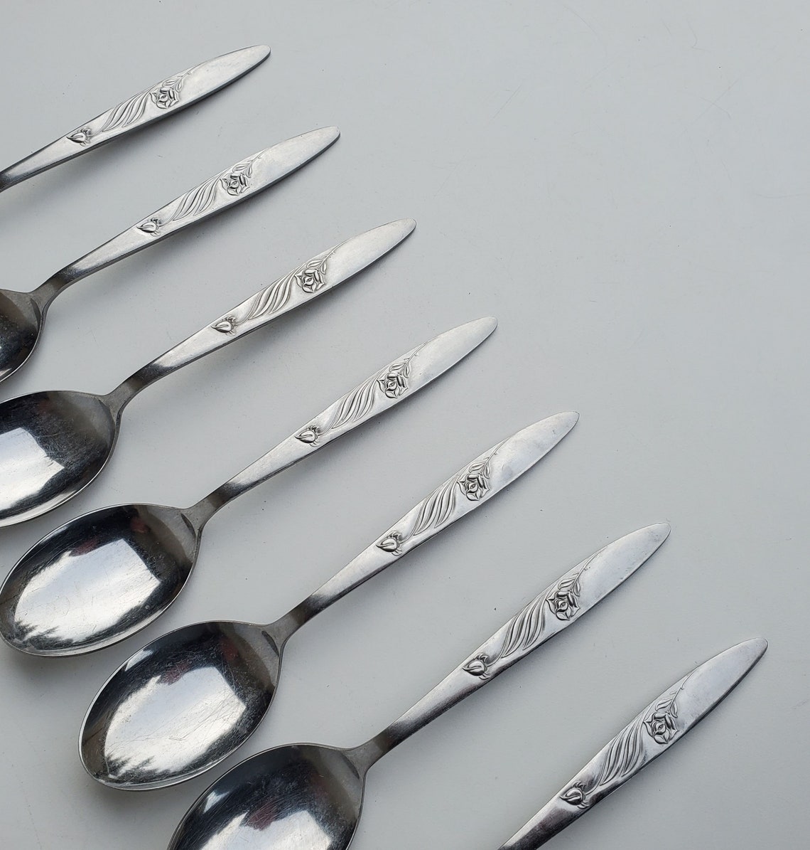 Stainless Steel Japan Marked Soup Spoon Set of 7 Spoons Open Rose With ...