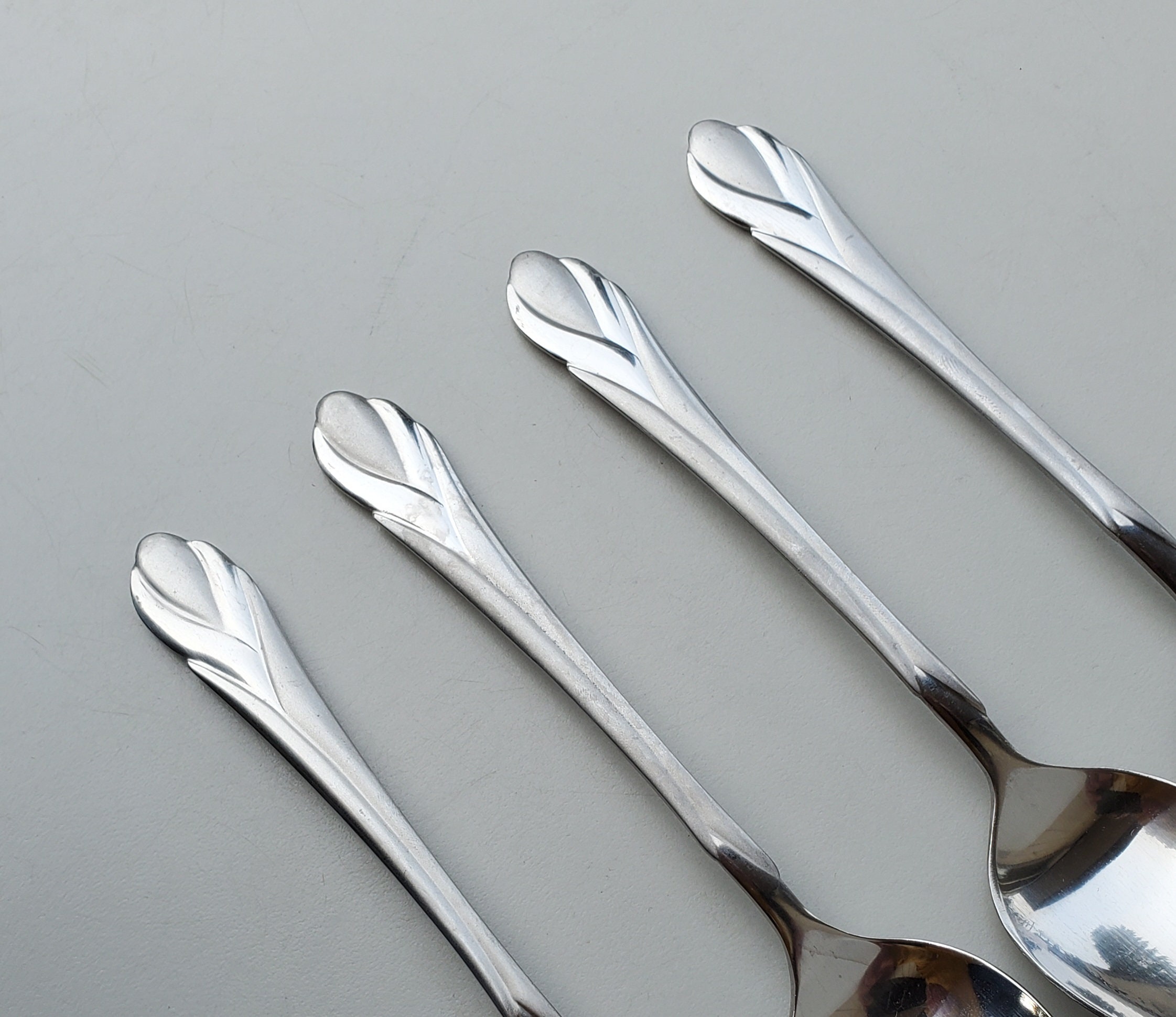 Hampton Silversmiths Lily Pattern Stainless Set of 4 Soup Spoons Frosted Lily Handle Design ...
