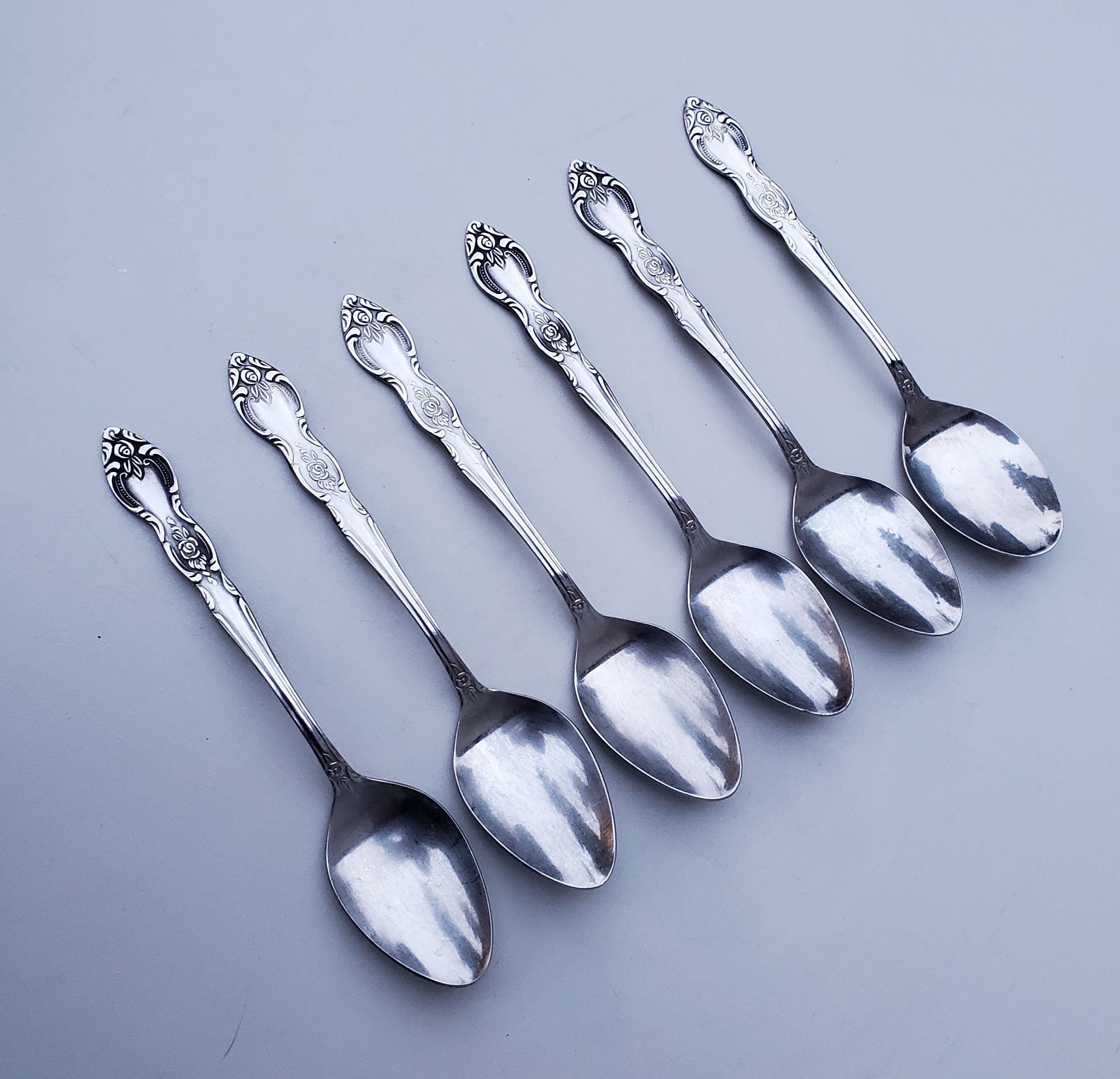 Lustreware Stainless Set of 6 Teaspoons Glossy Ornate Rose Design on ...