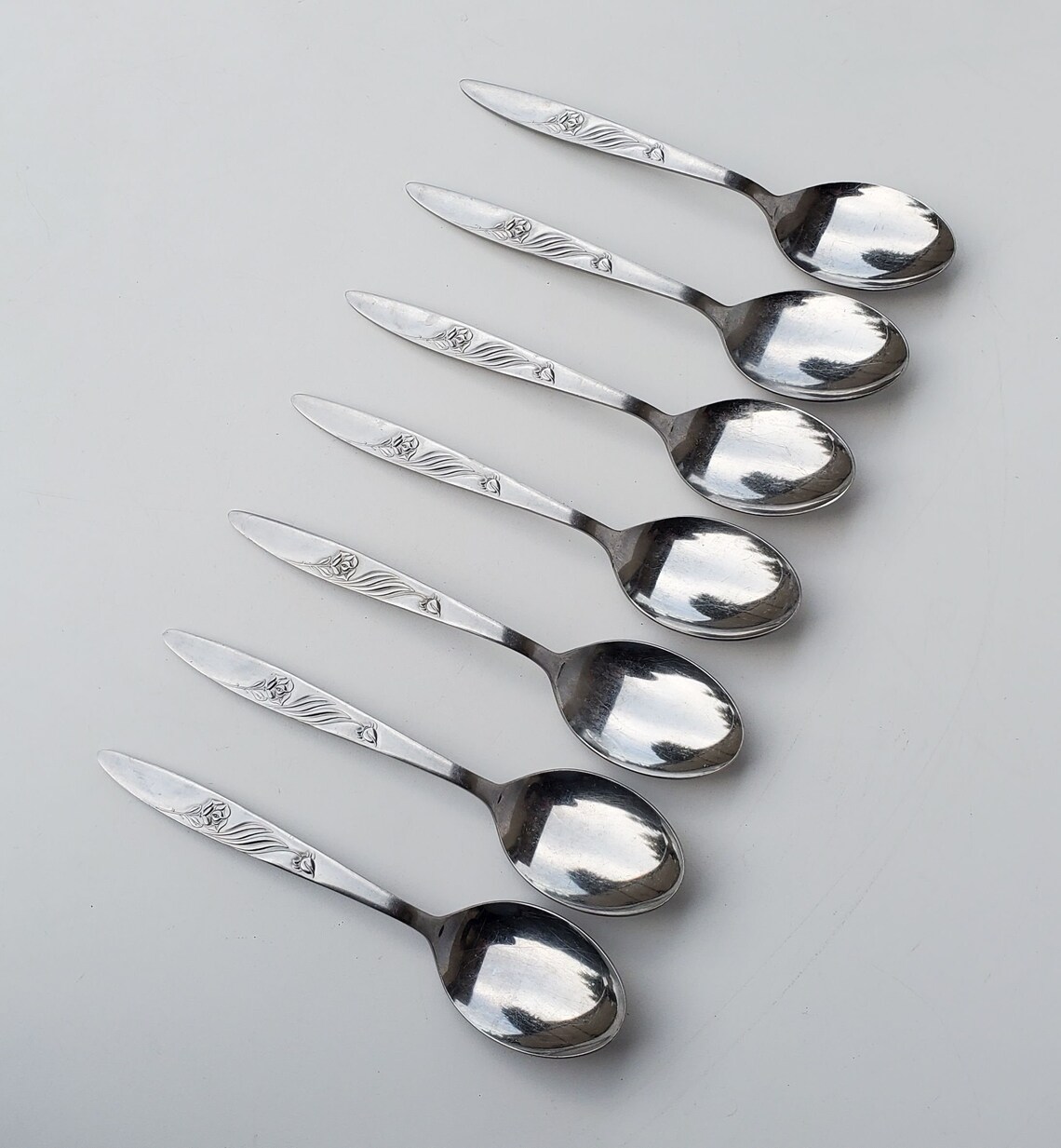 Stainless Steel Japan Marked Soup Spoon Set of 7 Spoons Open Rose With ...