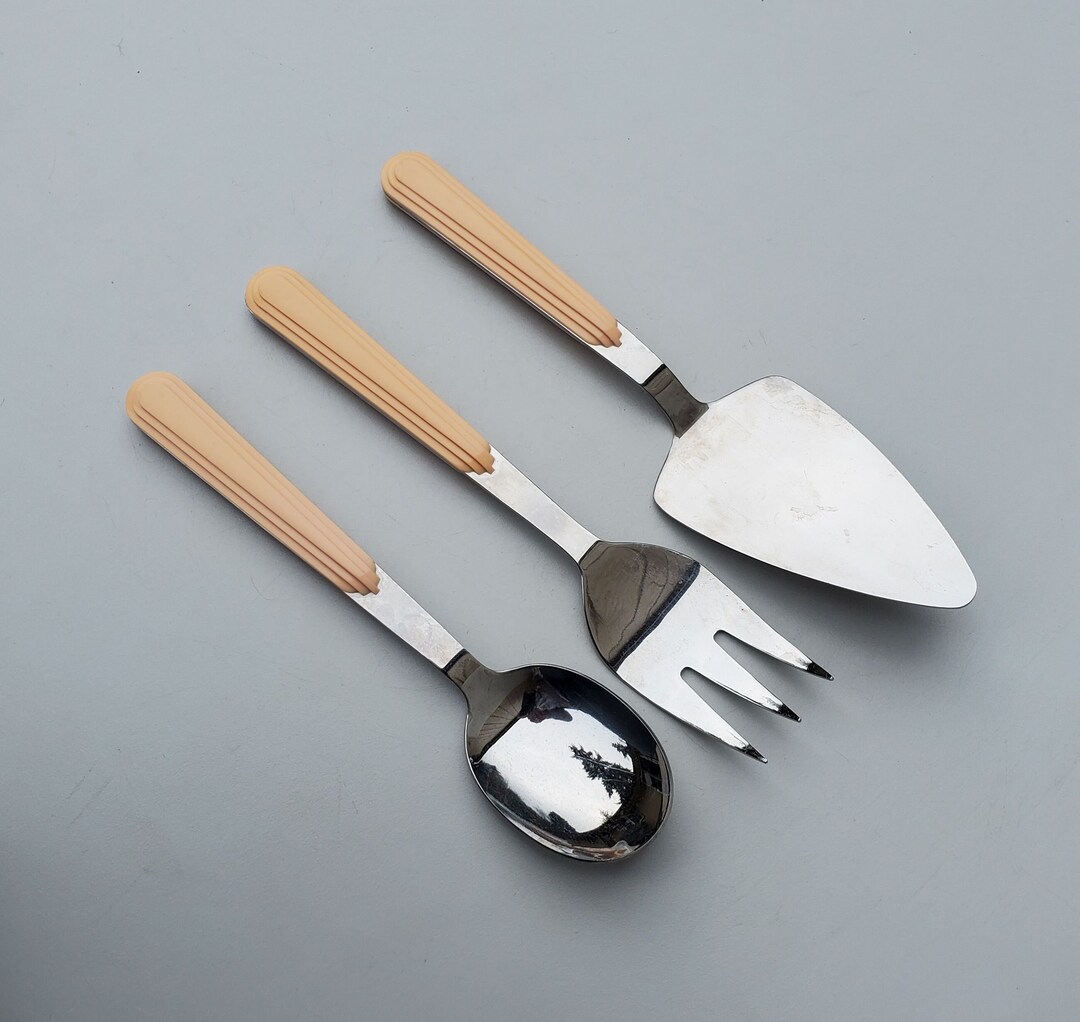 Jazz Stainless Flatware - Set of 3 Serving Pieces - Art Deco Round ...