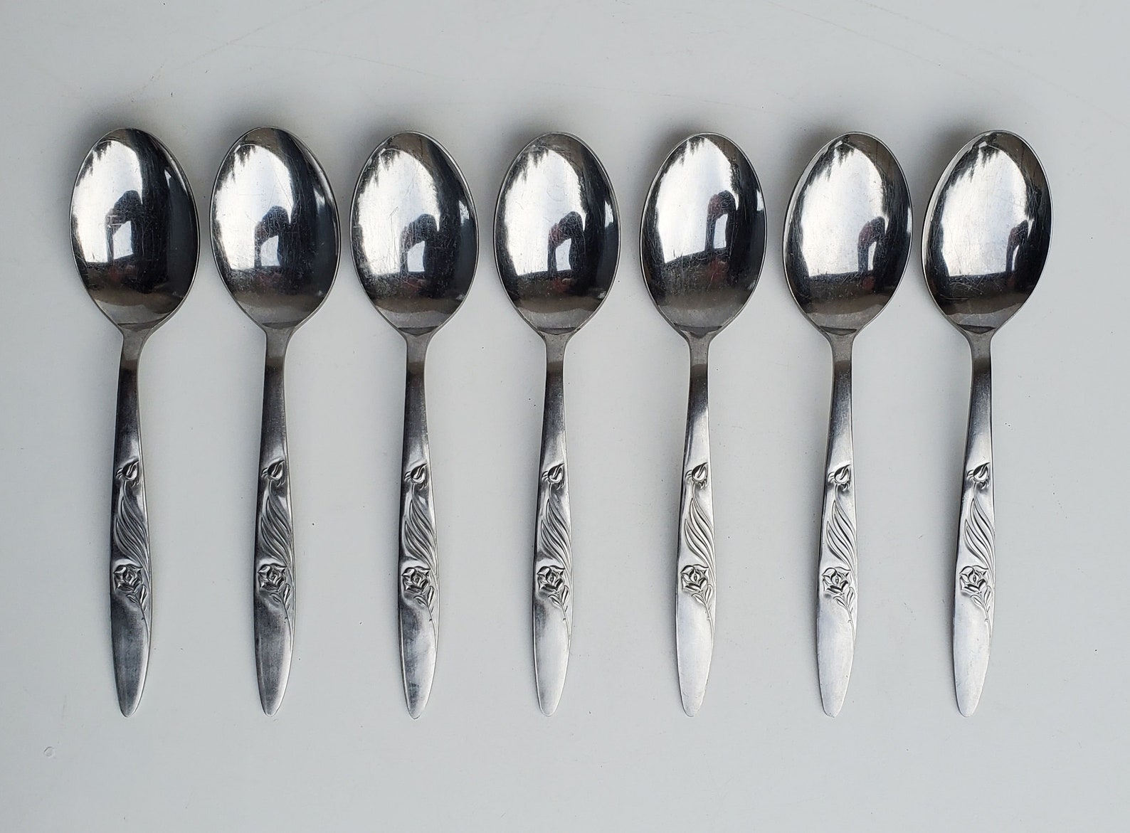 Stainless Steel Japan Marked Soup Spoon Set of 7 Spoons Open Rose With ...