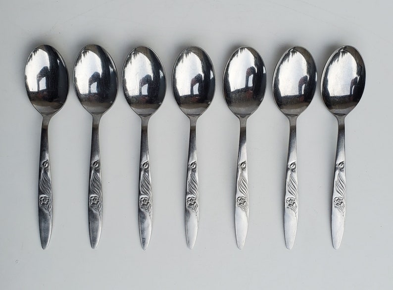 Stainless Steel Japan Marked Soup Spoon Set of 7 Spoons - Open Rose ...