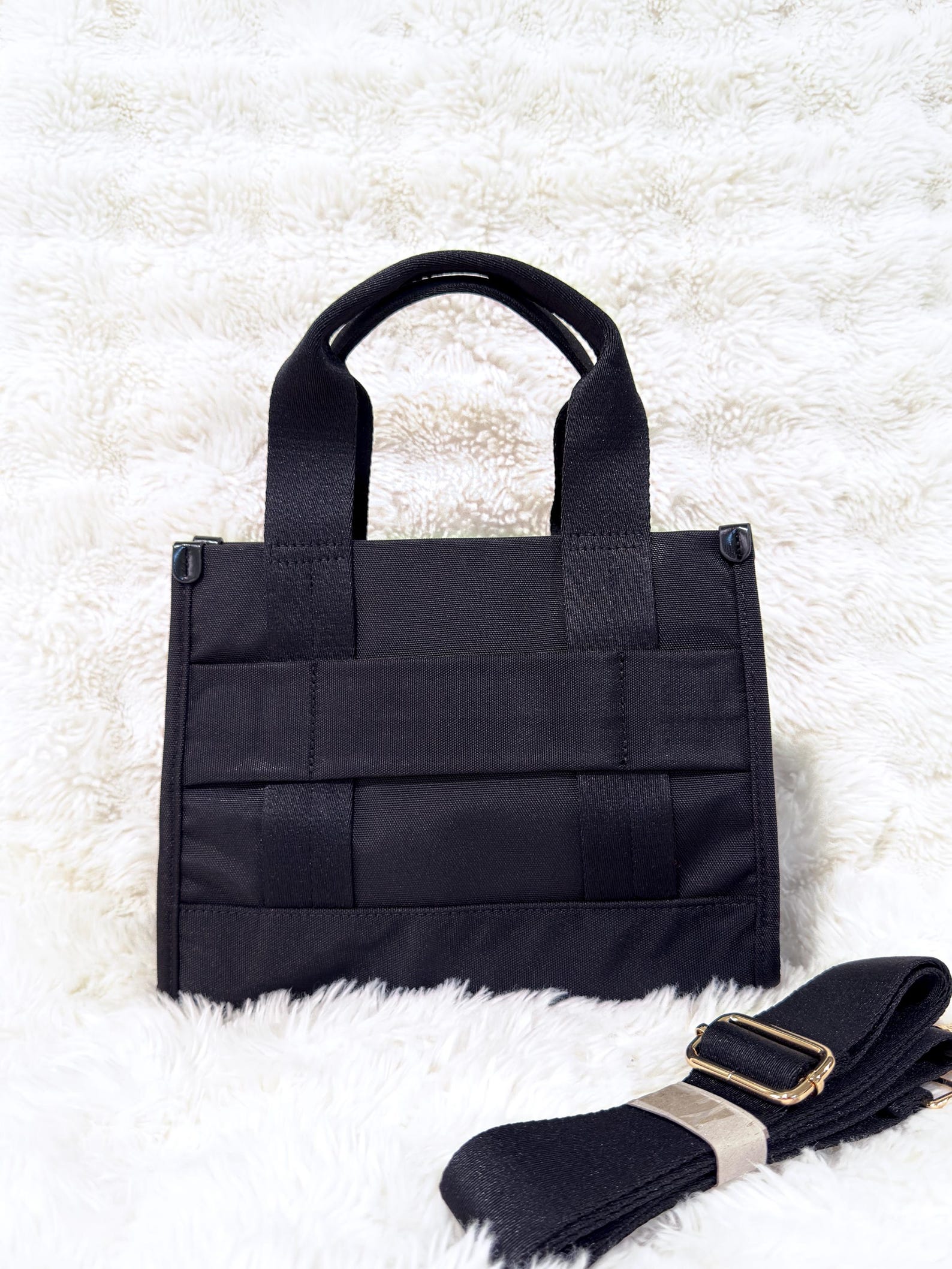 Black Canvas Mini Tote Bag, Woven Design Crossbody Purse, Structured ...