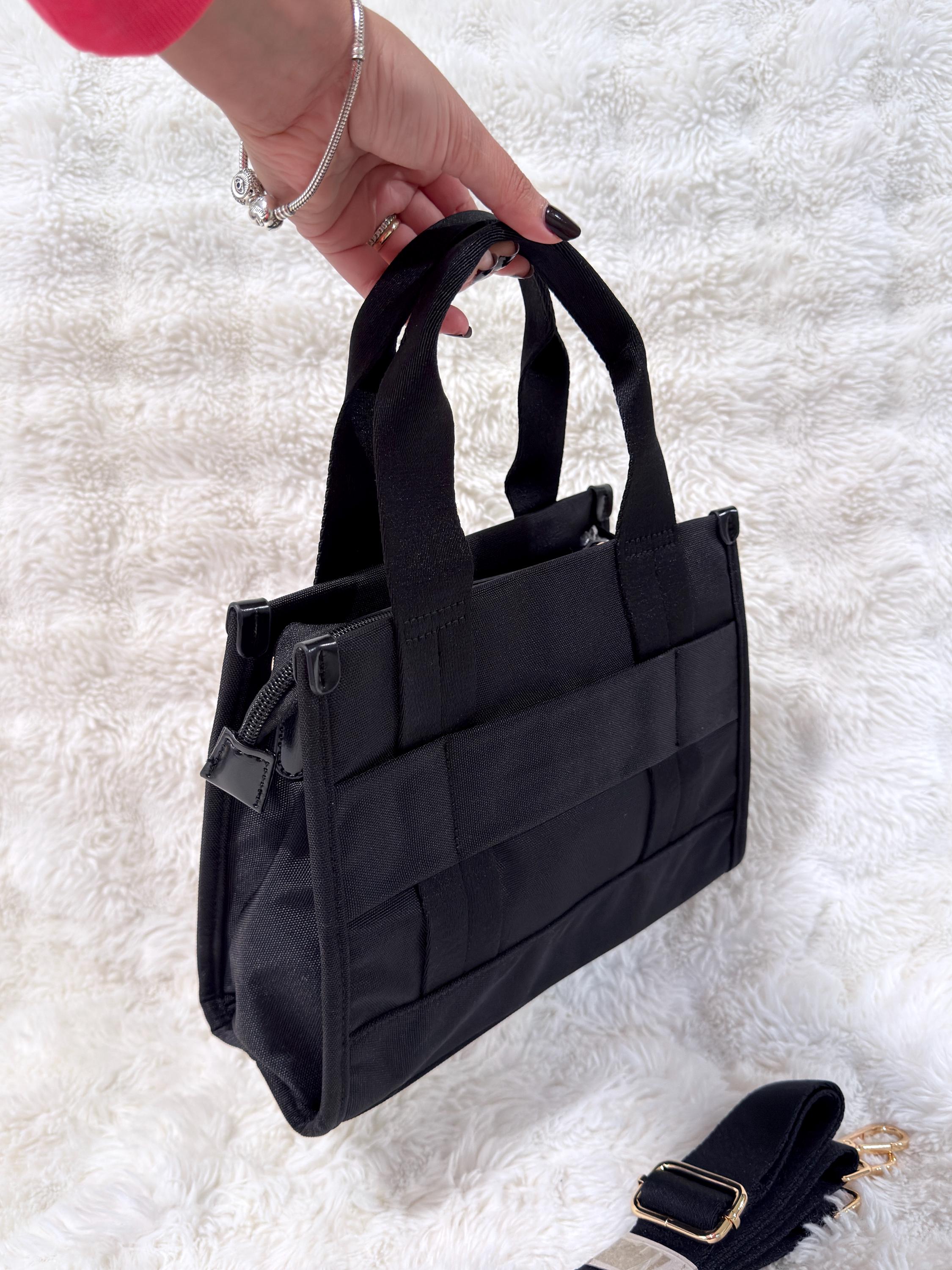 Black Canvas Mini Tote Bag, Woven Design Crossbody Purse, Structured ...