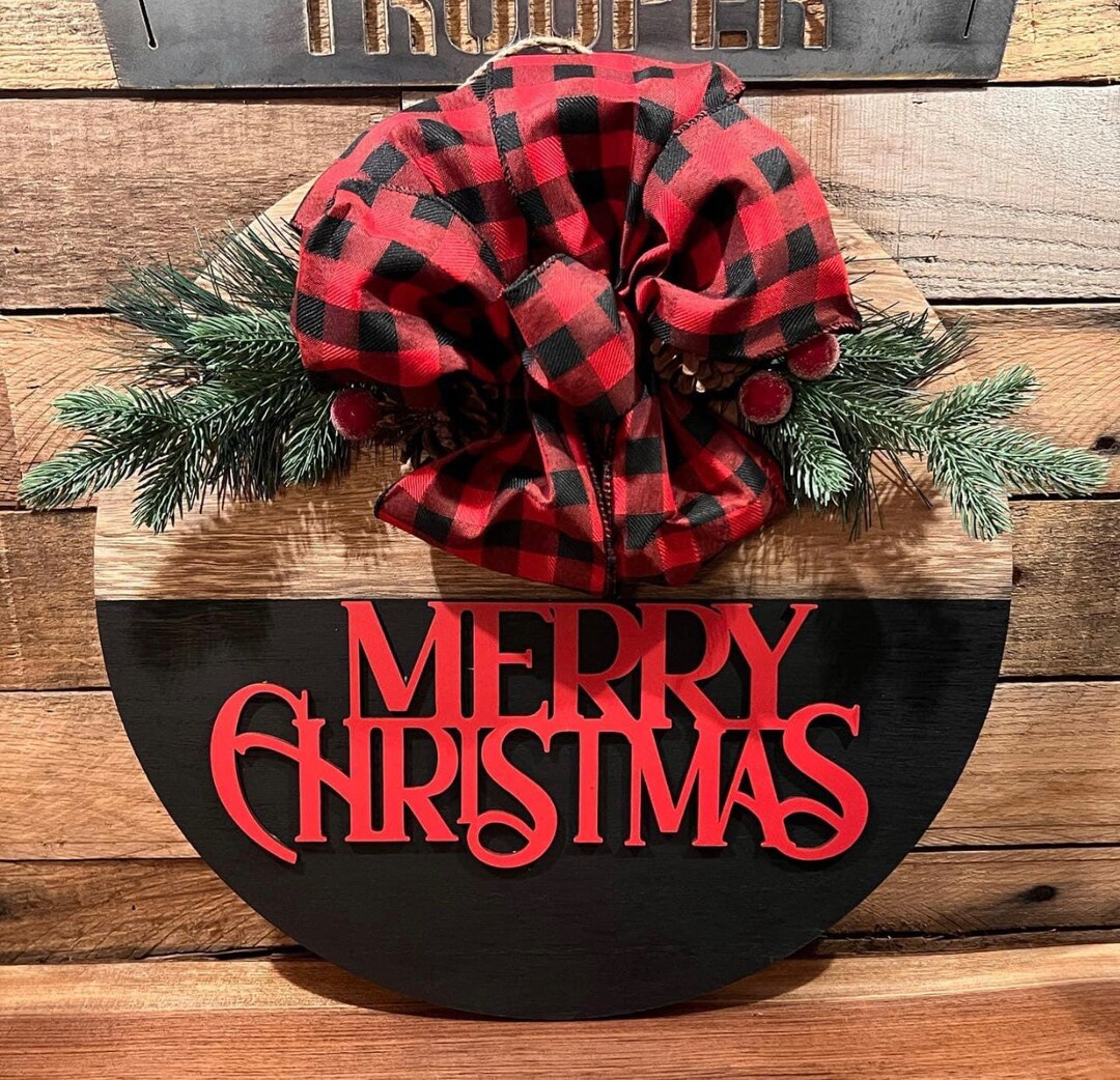 Round Wood Merry Christmas Door Sign With 3D Merry Christmas, Bow and ...