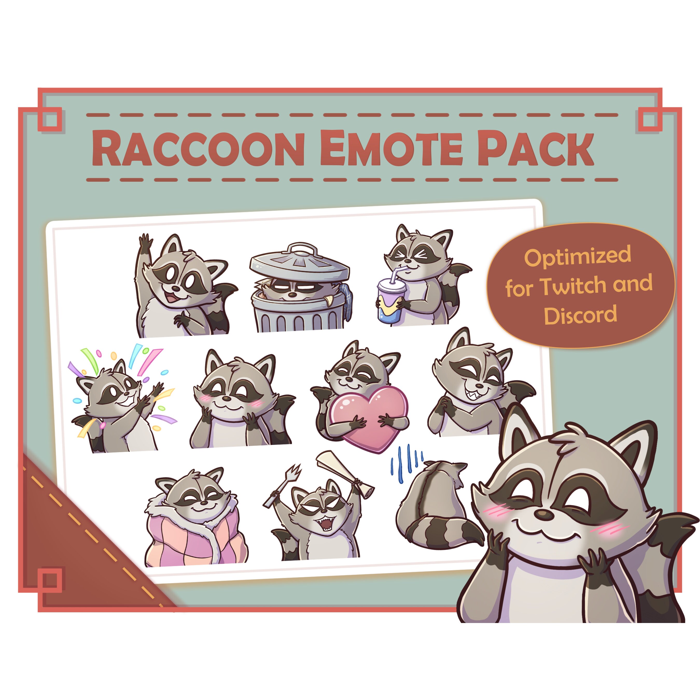Cute Raccoon Trash Panda Emotes Pack for Twitch / Discord - 10 Emote ...