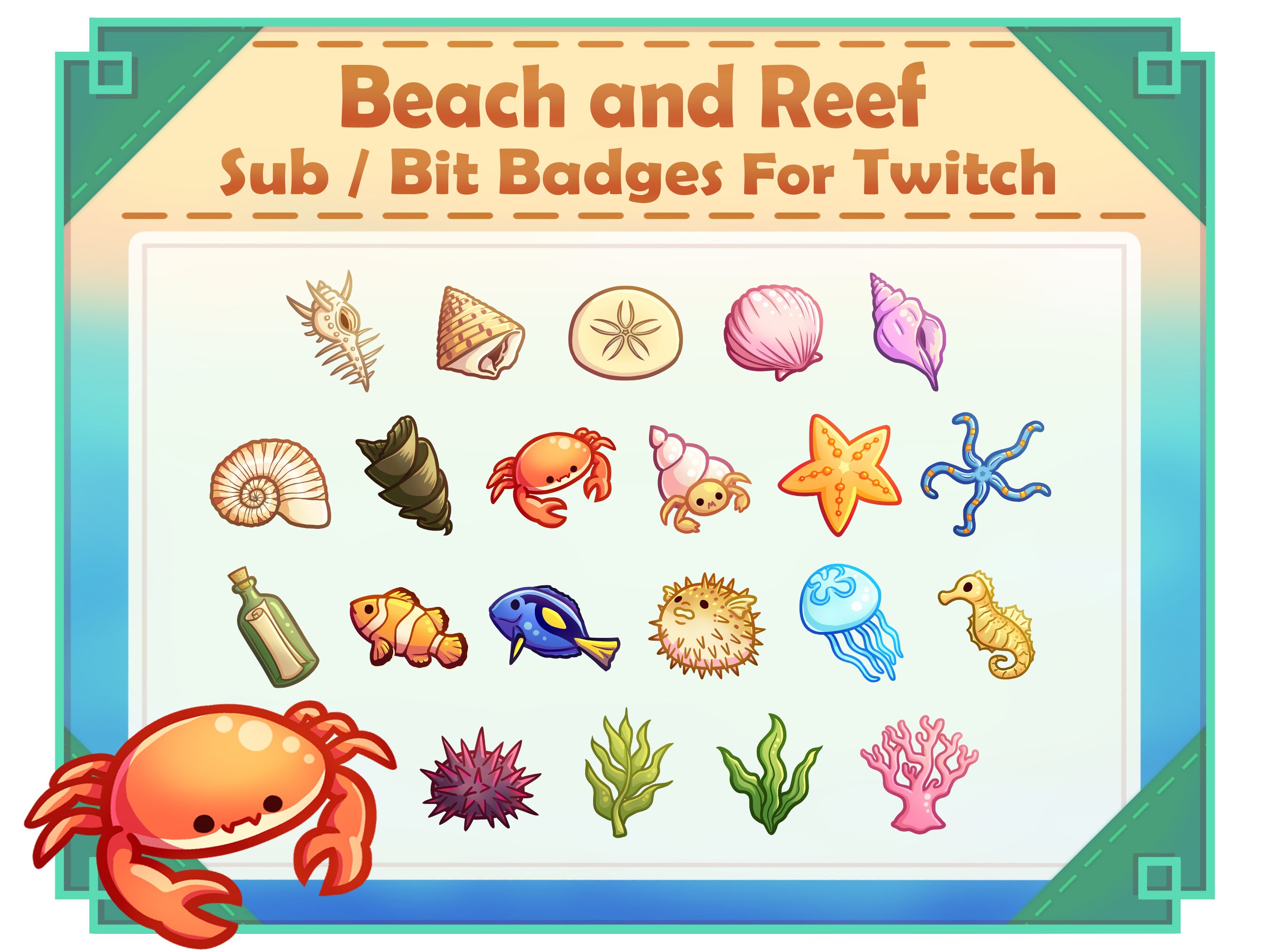 Beach and Ocean Reef Twitch Sub / Bit Badges Sea Shells Star Fish Crab ...