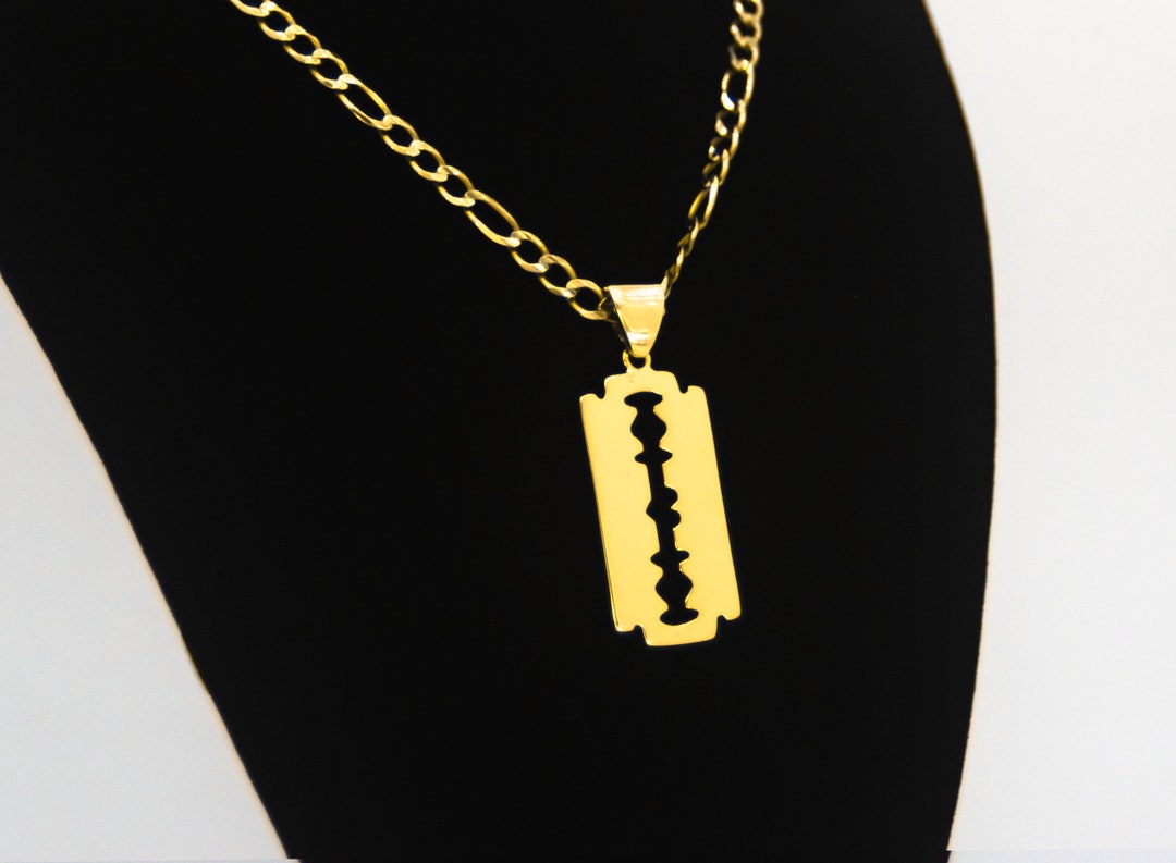9ct Gold Razor Blade Pendant Chain Necklace for Men Women Silver ...