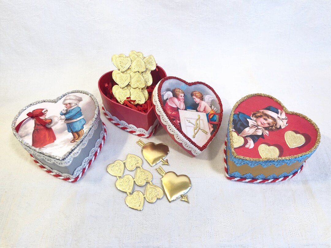Heart Box With Antique Valentine Image & Gold Dresden Hearts ...