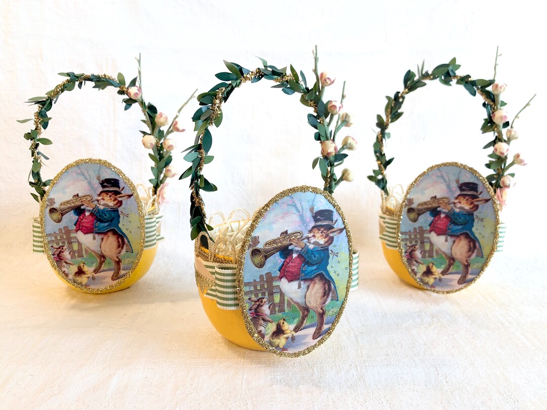 Vintage Inspired Easter Egg Basket | Antique Rabbit Image With Spring ...