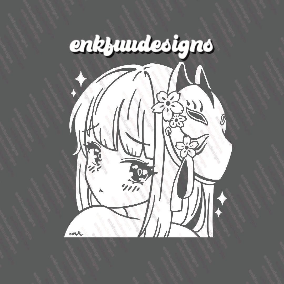 Kitsune Mask Anime Girl Vinyl Decal | Anime Vinyl Decal Sticker ...