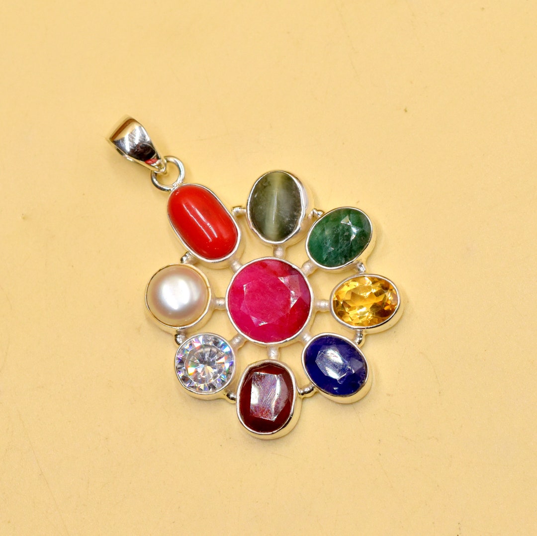 Navratan Gemstone Pendant nine Planet Gemstone Pendant-925 Sterling ...