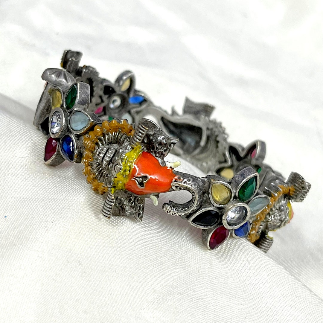 Silver Look Alike Gemstone Kada,oxidised Multi Stone Elephant Bangle ...