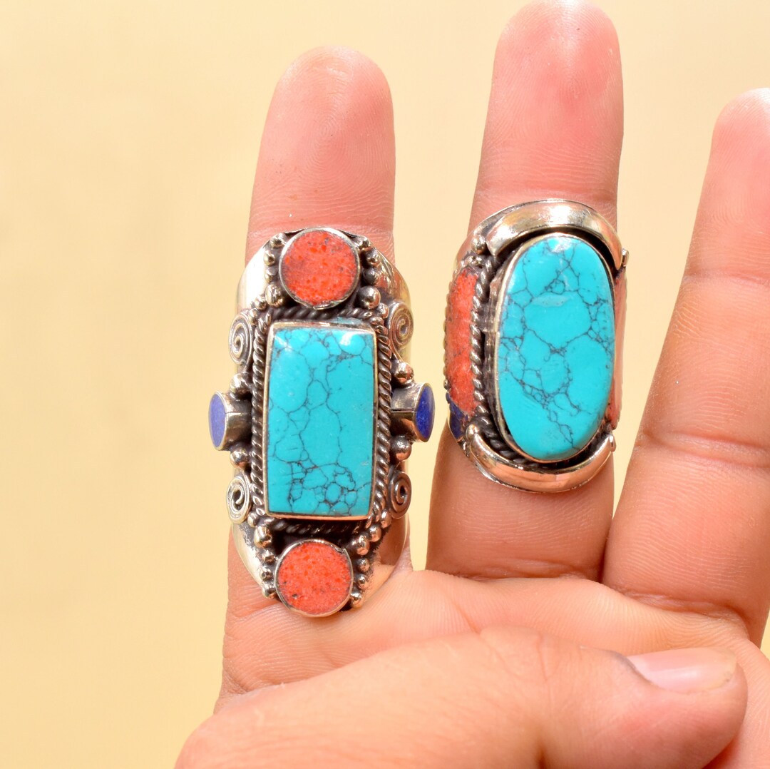 Nepali Tibetan Vintage Gemstone Ring 925 Silver Plated Multicolor ...