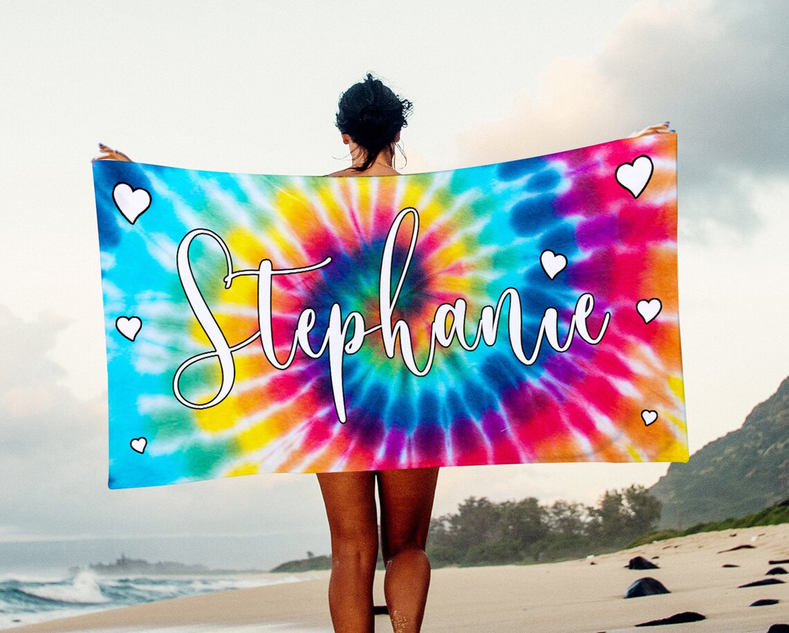 Personalized Name Tie Dye Beach Towel Rainbow Tie Dye Custom Etsy