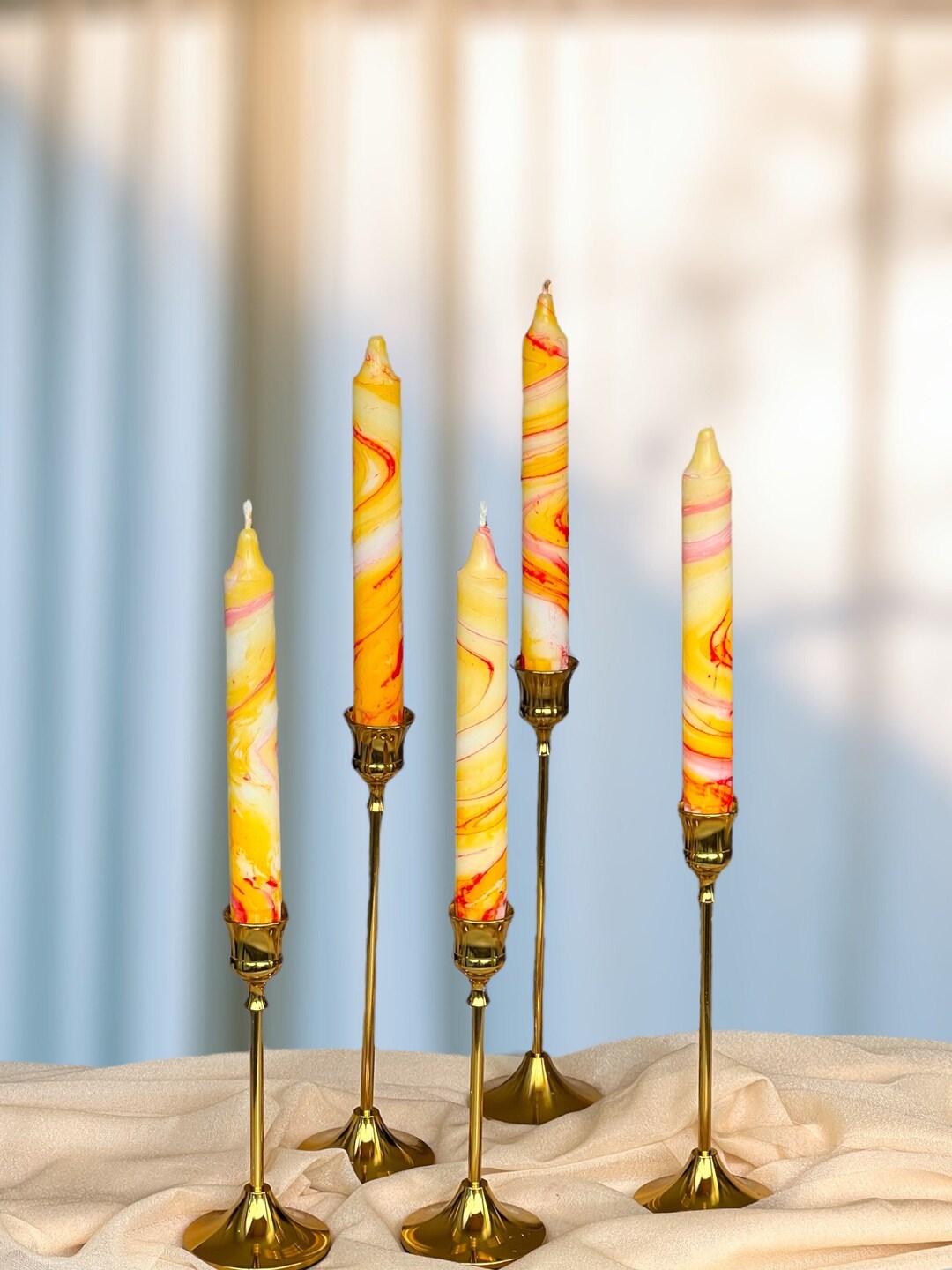 Set of 3 Candles,marble Candles,taper Candles,dinner Candles,orange Red ...