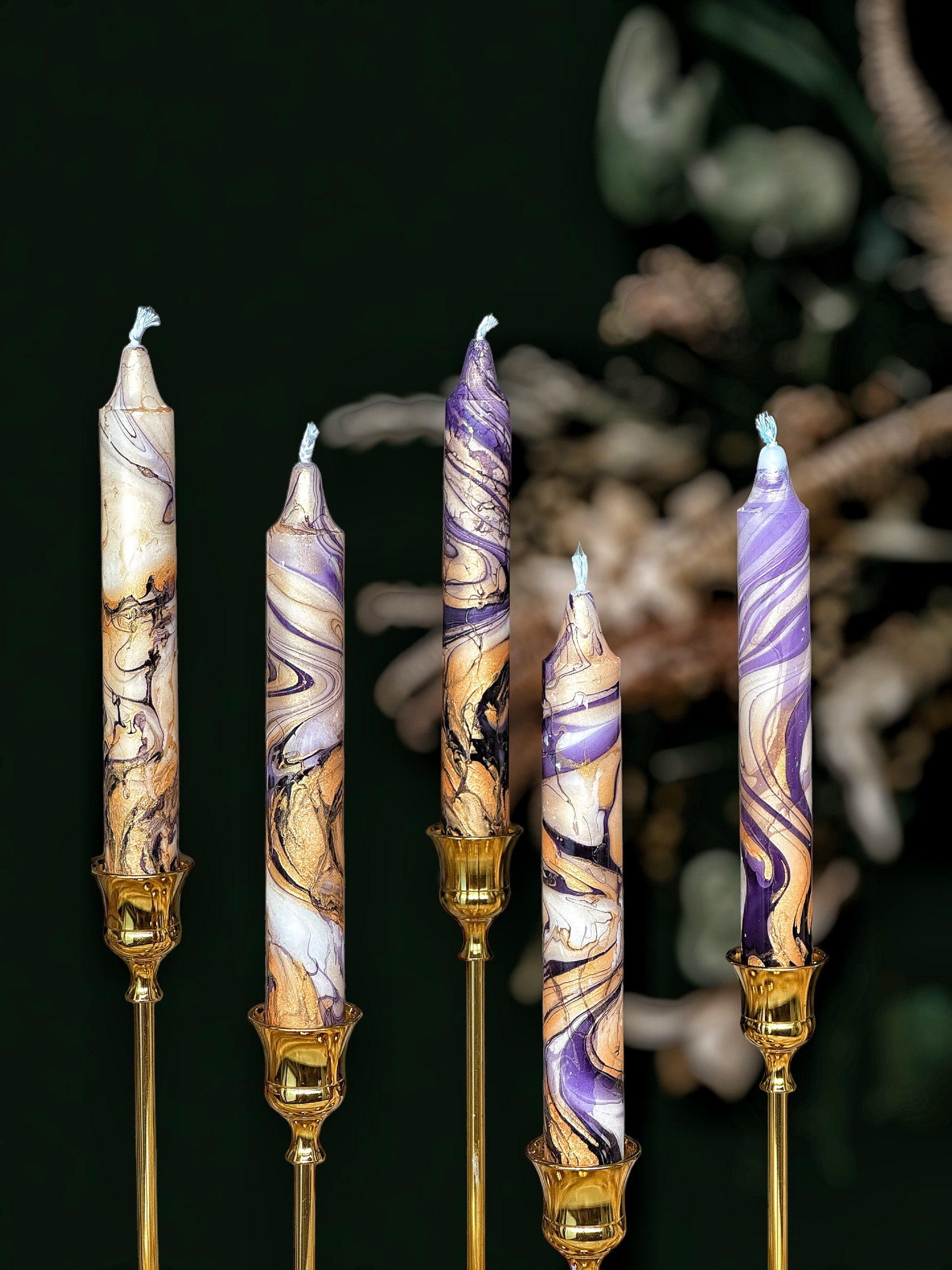 Gold Purple Metallic Marble Candles,tall Taper Candle Set,dinner ...