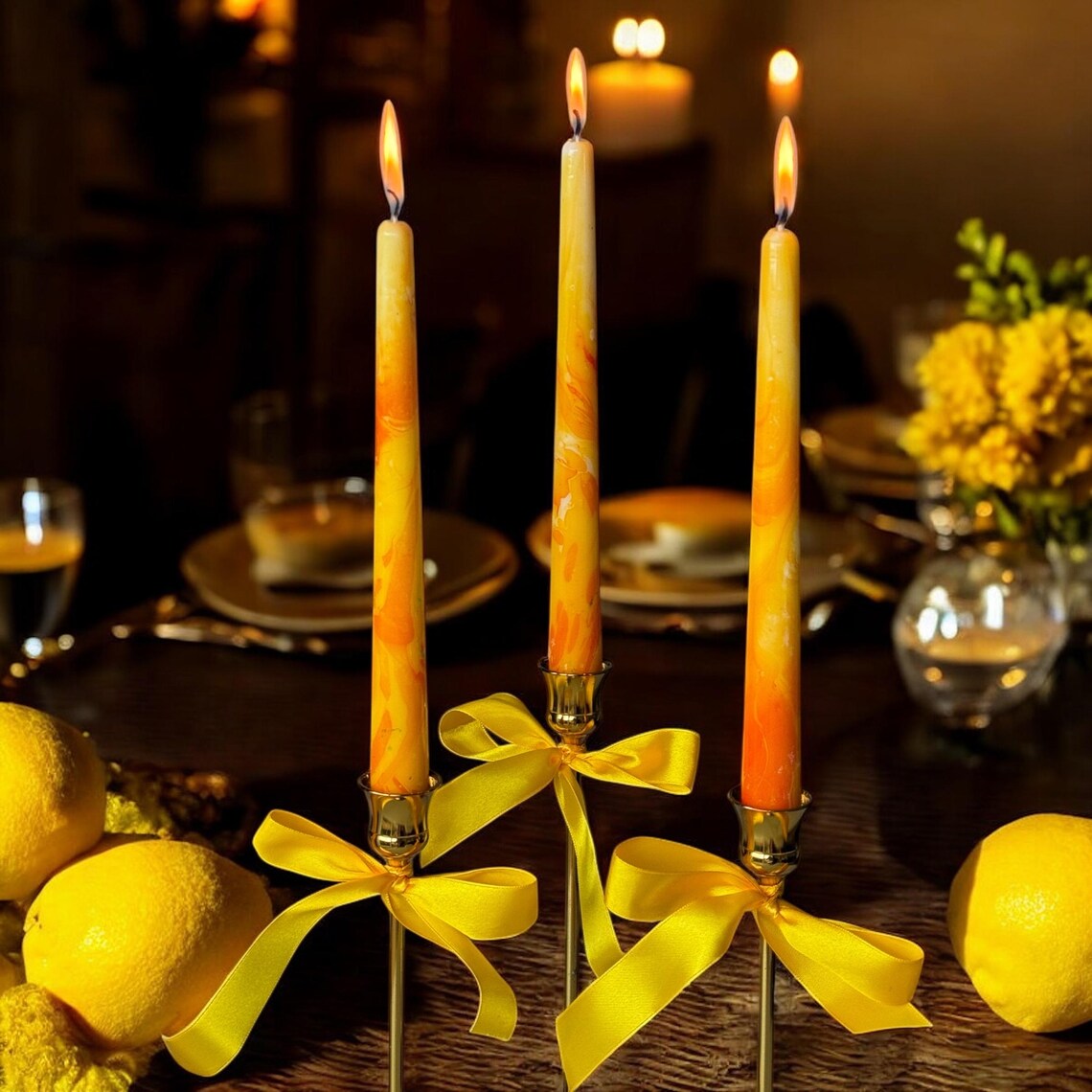 Tall Marble Tapper Candles,dinner Candle Set,orange Yellow Home Decor ...