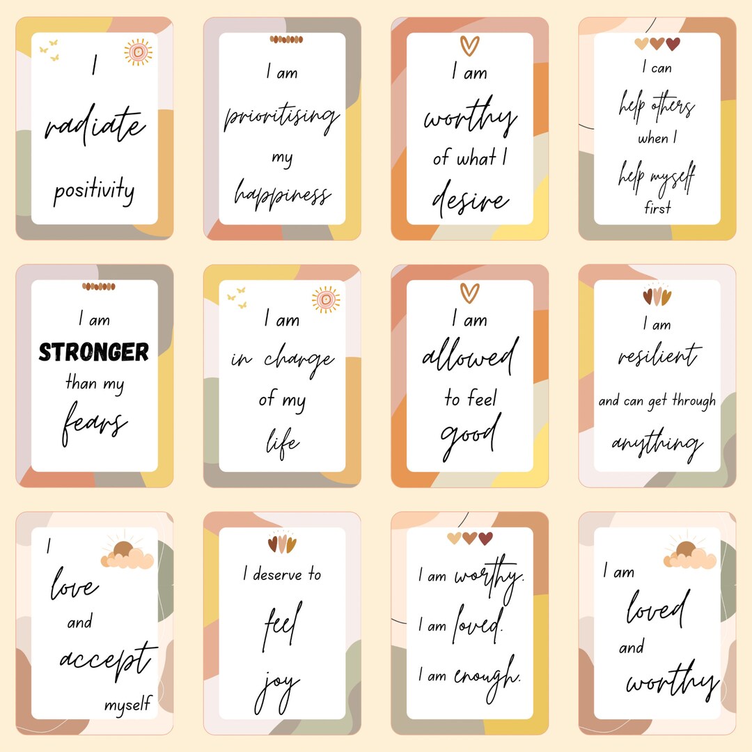 12 Positive Daily Affirmation Cards | Boho Self Care Cards | Mental ...