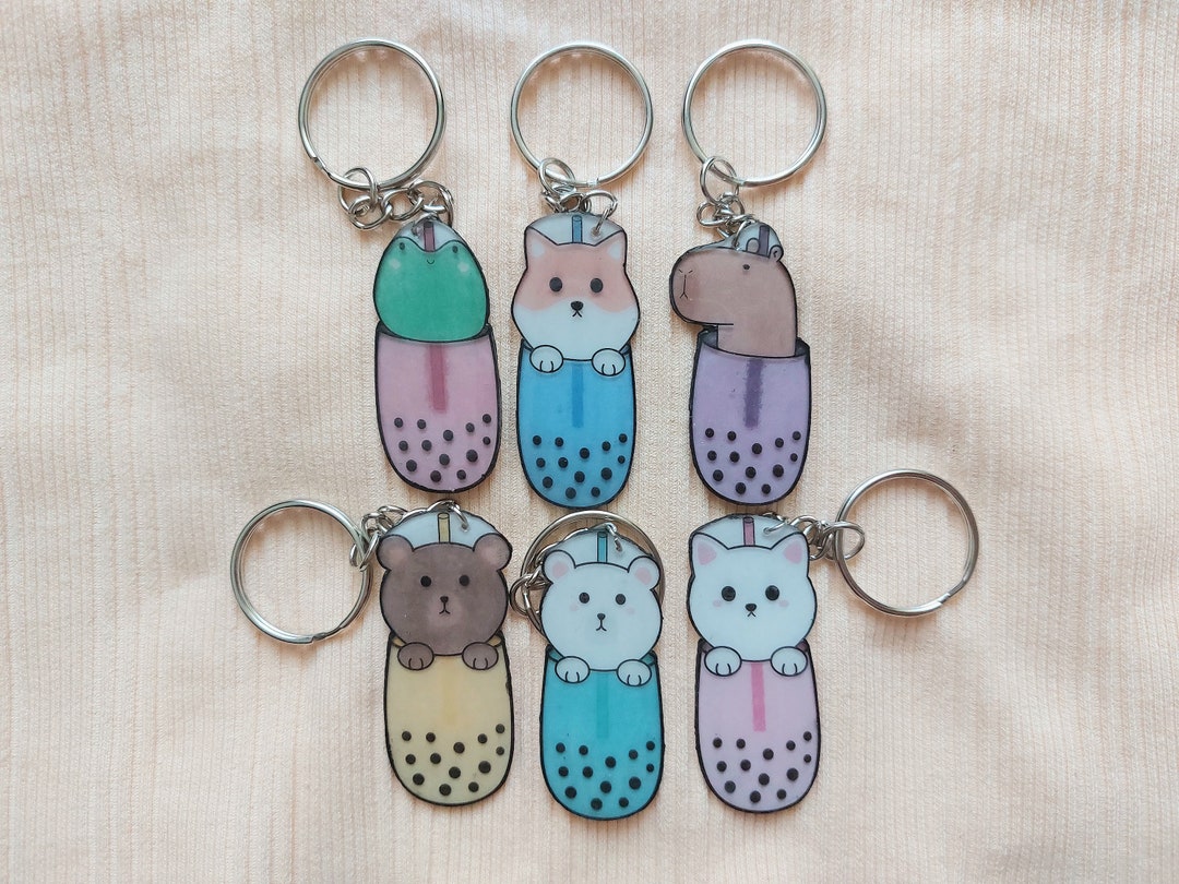 Cute Animal Bubble Tea Keychain, Keyring, Charm, Capybara, Frog, Shiba ...