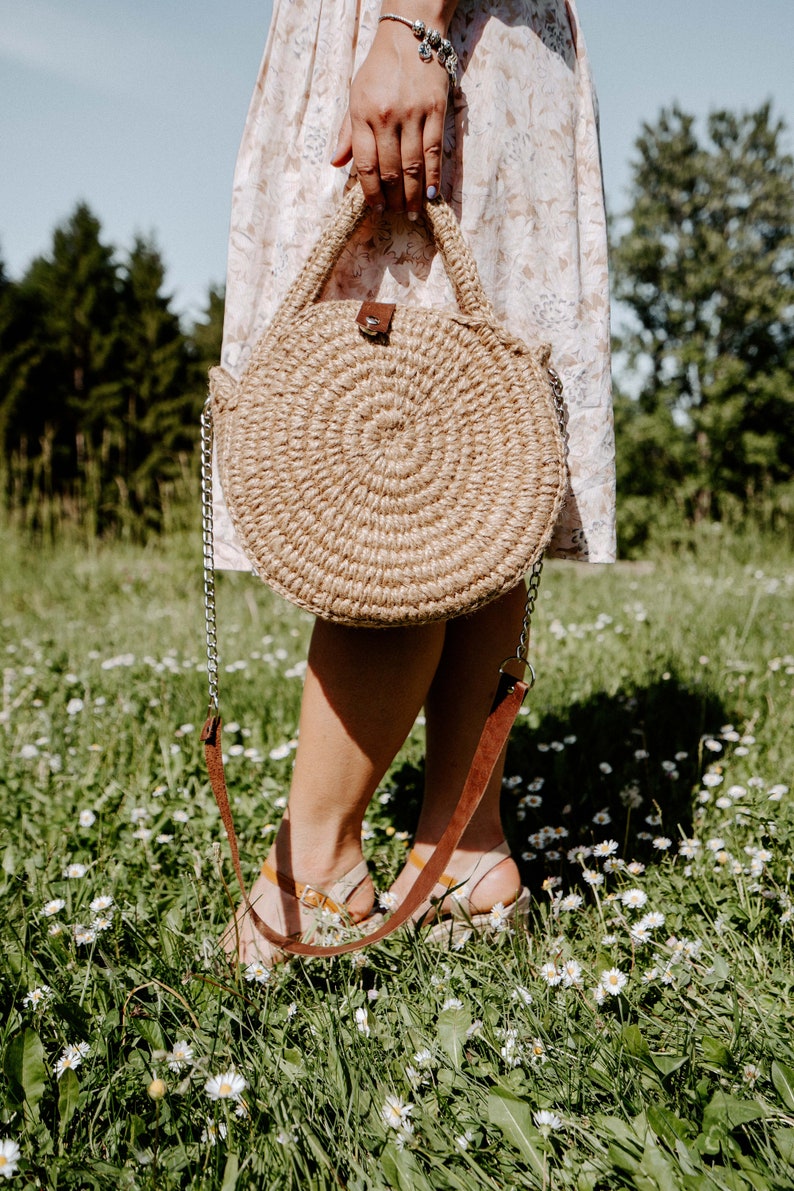 Crochet Summer Jute Round Boho Bag With Leather Handles - Etsy