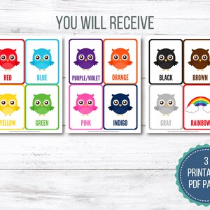 Learn Your Colors Printable Flash Card, Owls, Preschool, Kindergarten ...