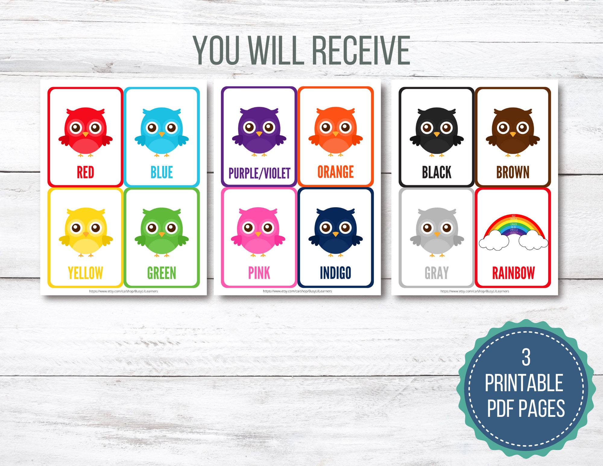 Learn Your Colors Printable Flash Card, Owls, Preschool, Kindergarten ...