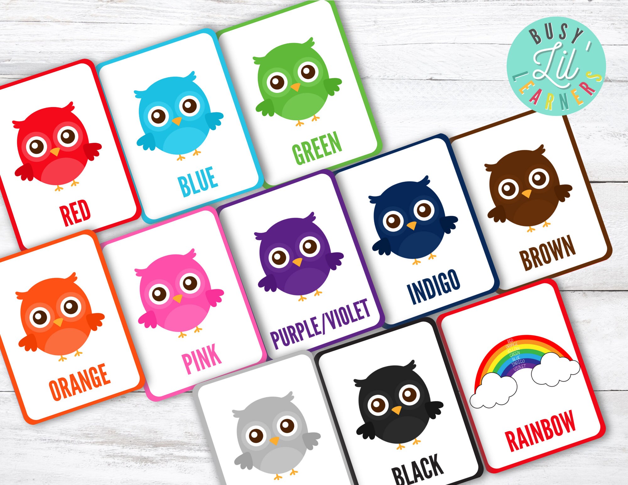 Learn Your Colors Printable Flash Card, Owls, Preschool, Kindergarten ...