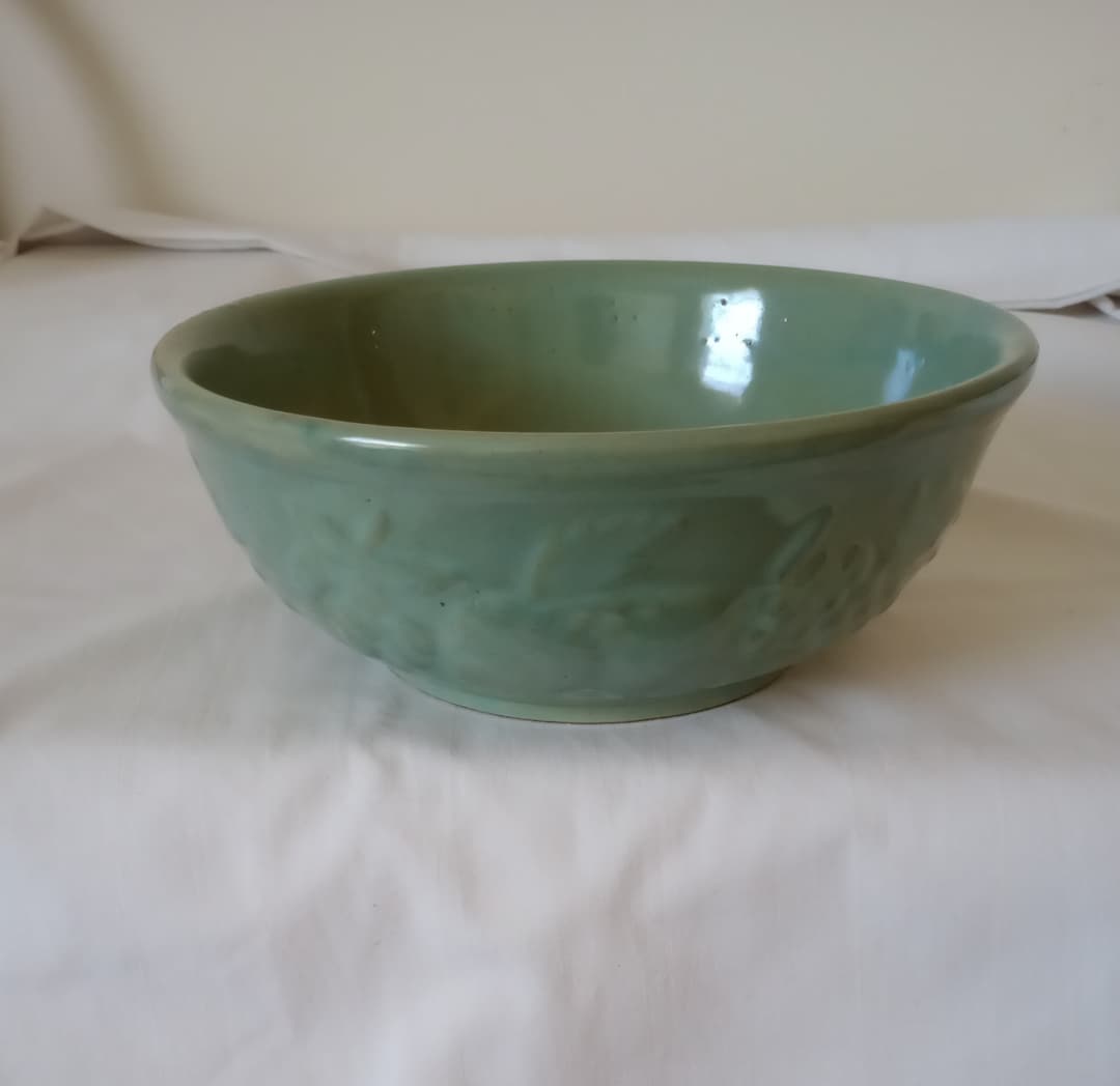 Vintage Green Bowl With Fruit Design, Crock Bowl, Serving Bowl, Yellow ...