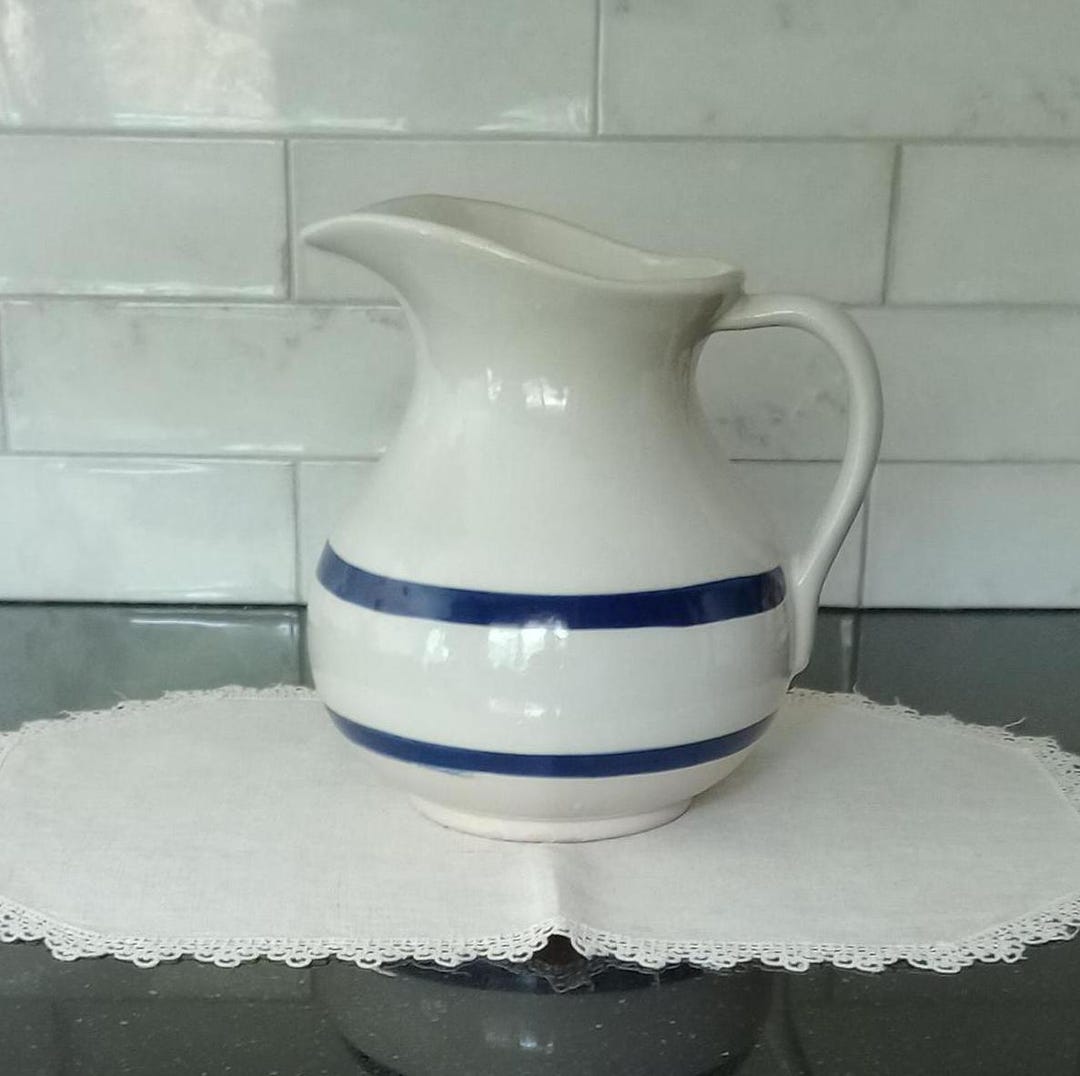 Vintage Robinson Ransbottom Pitcher, Bulbous Pitcher With Blue Stripes ...