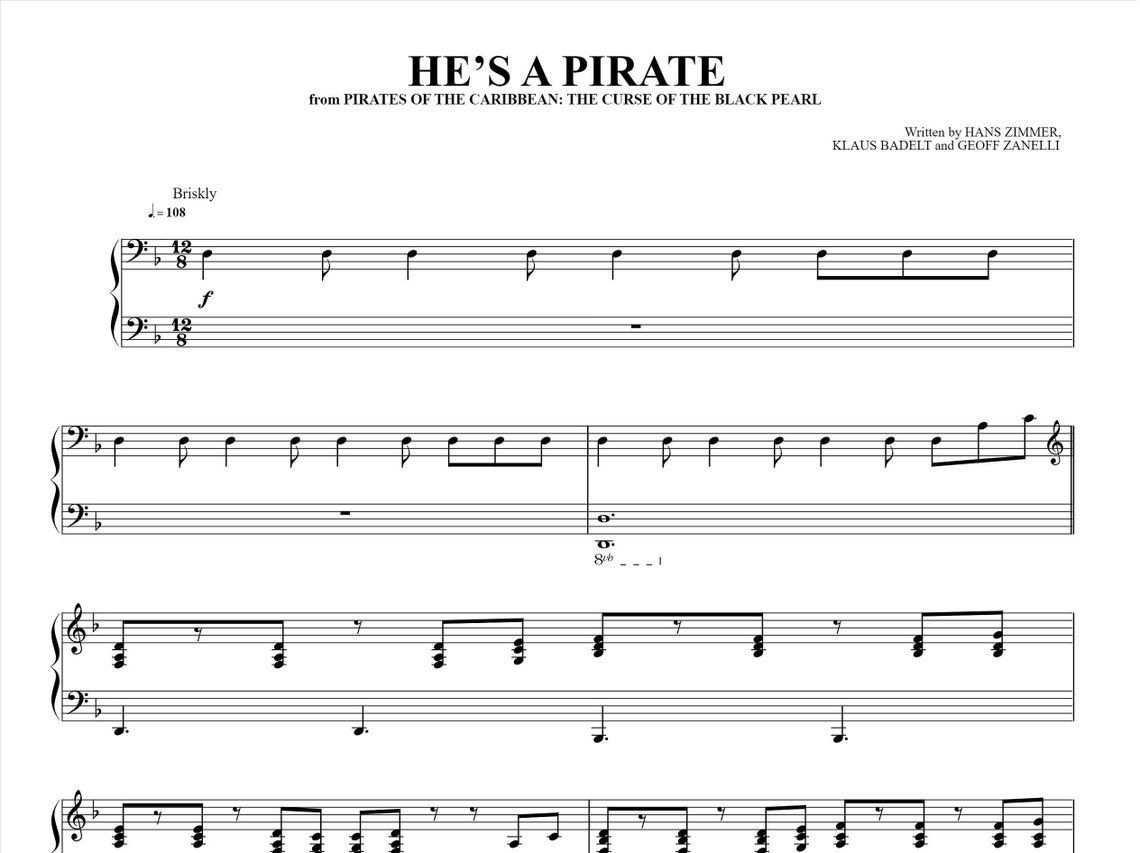 He's A Pirate Sheet Music Pirates of the Caribbean Piano - Etsy