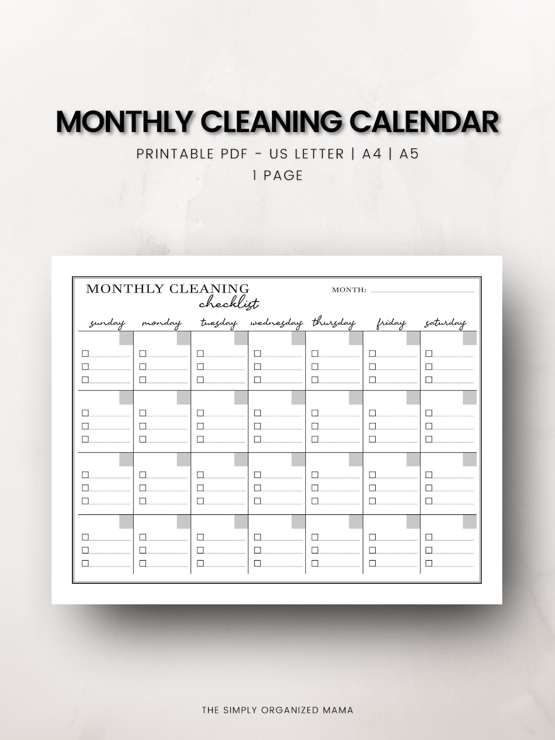 Calendario de limpieza mensual / Programa de limpieza mensual / Lista ...