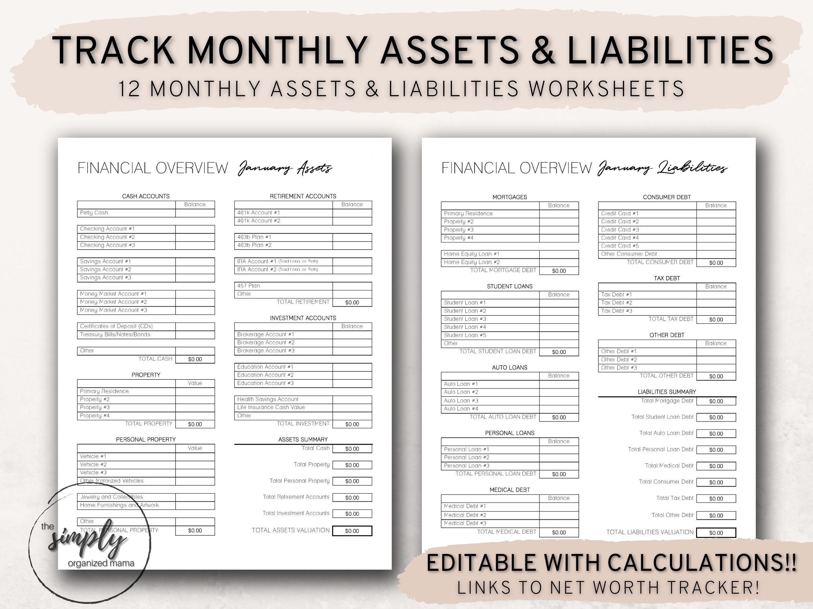 Annual Net Worth Tracker Editable Monthly Assets Tracker Monthly ...